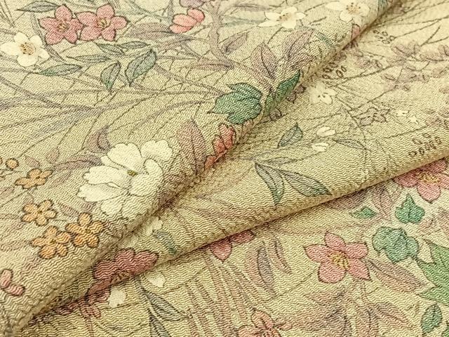 平和屋着物▽上質な小紋　単衣　草花文　鬼しぼ縮緬　正絹　逸品　AABB8023jh