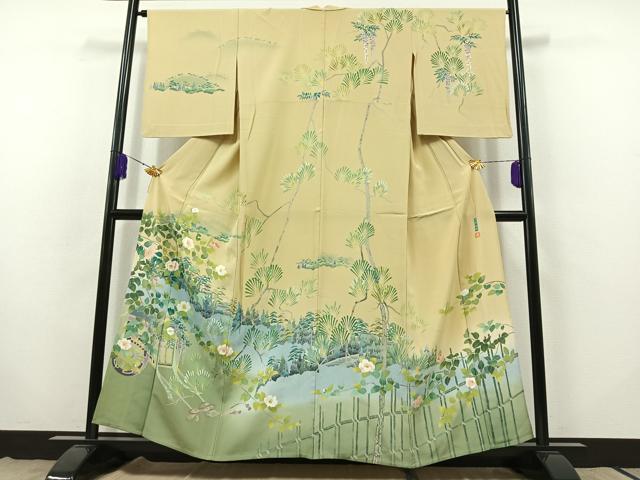 平和屋着物▽訪問着　単衣　友禅　作家物　風景花文　暈し染め　正絹　逸品　AABB8027jh