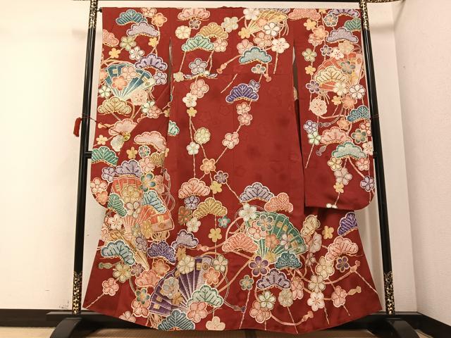 平和屋着物●守太郎コレクション　振袖　駒刺繍　檜扇梅松文　金彩　三越扱い　正絹　逸品　AABB8224ph