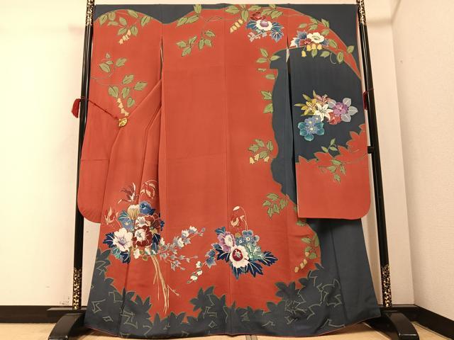 平和屋着物●豪華振袖　友禅　作家物　枝花文　鬼しぼ縮緬　正絹　逸品　AABB8225ph