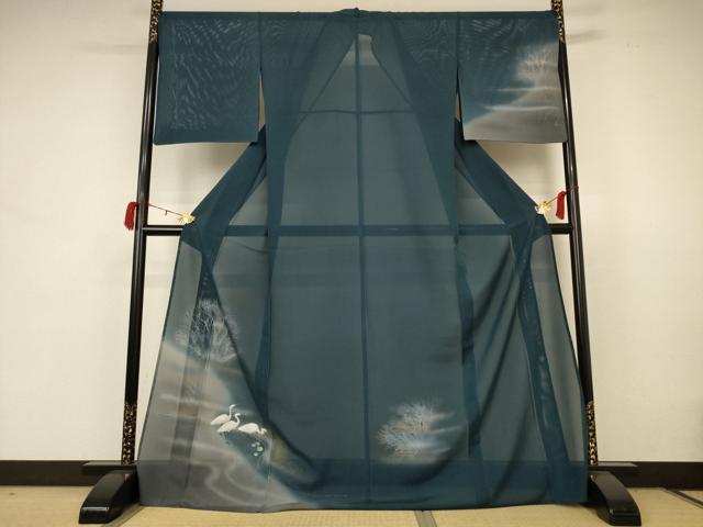 平和屋着物＊夏物　訪問着　絽　手描き　風景文　鷺　暈し染め　金彩　ロング丈　正絹　逸品　AABB8300jd