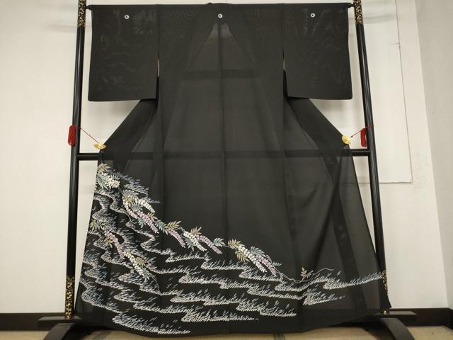 平和屋着物＊夏物　黒留袖　絽　流水枝花文　正絹　逸品　AABB8652st