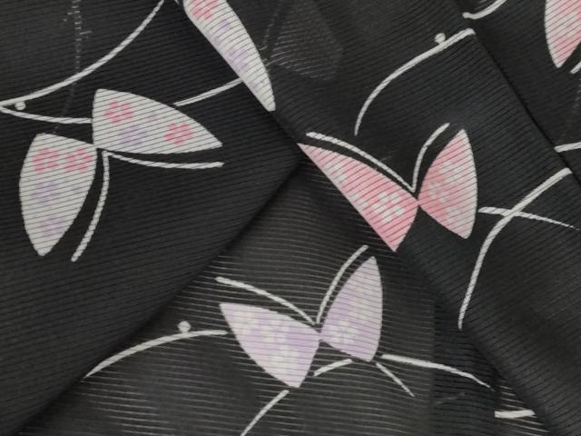 平和屋着物＊夏物　小紋　絽　舞蝶文　黒地　洗える着物　AABB8659st