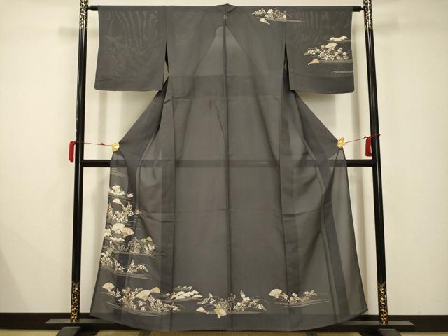 平和屋着物＊夏物　銀座きしや　訪問着　絽　駒刺繍　立波扇面花文　金糸　金彩　正絹　逸品　AABB8777sx