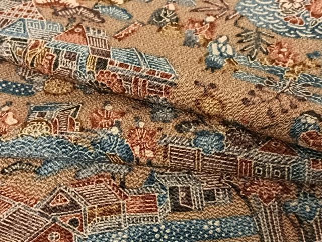 平和屋着物●上質な小紋　型染め　松竹梅人物風景文　鬼しぼ縮緬　正絹　逸品　未使用　AABC0048zg