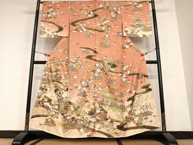 平和屋着物●訪問着　松竹梅風景文　暈し染め　金彩　正絹　逸品　AABC0058zg