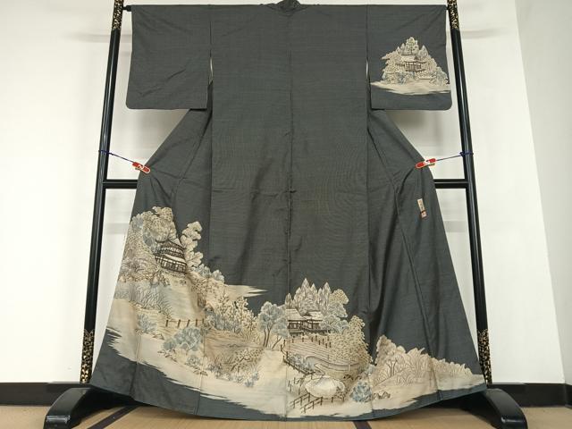 平和屋着物●本場染大島紬　訪問着　作家物　手描き　慈照寺　正絹　逸品　AABC0080zg