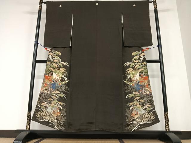 平和屋着物●アンティーク　大正ロマン　黒留袖　駒刺繍　宝船松文　両褄　金彩　正絹　逸品　AABC0133zg