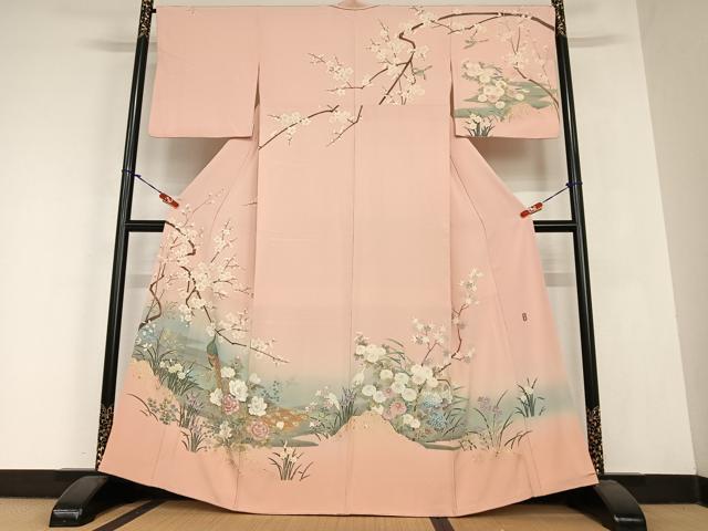 平和屋着物●訪問着　友禅　作家者　松華　孔雀枝梅花文　暈し染め　金銀彩　正絹　逸品　AABC0149zg