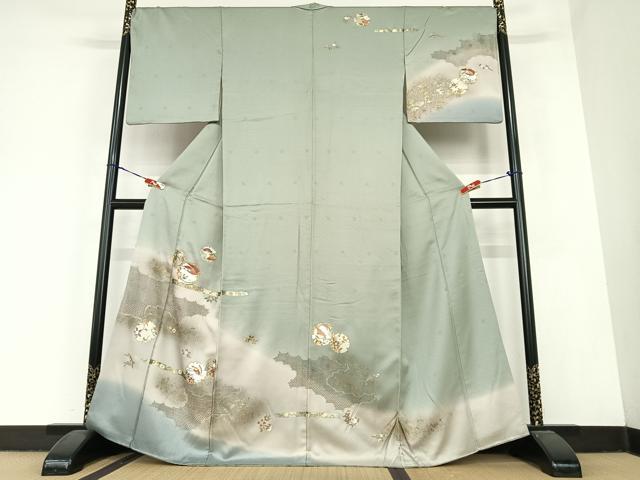 平和屋着物●訪問着　駒刺繍　中国三大刺繍　汕頭刺繍　スワトウ刺繍　雪輪重ね鳳凰花蝶文　暈し染め　金彩　正絹　逸品　AABC0155zg