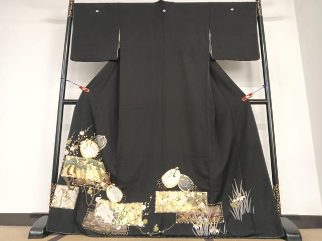 平和屋着物●豪華黒留袖　駒刺繍　花鳥梅松文　金彩　正絹　逸品　AABC0176zg