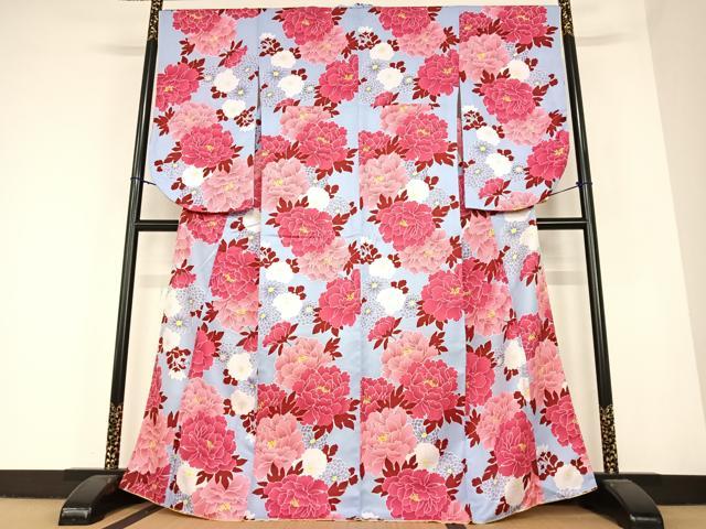 平和屋着物●小振袖　二尺袖　草花文　洗える着物　未使用　AABC0208zg