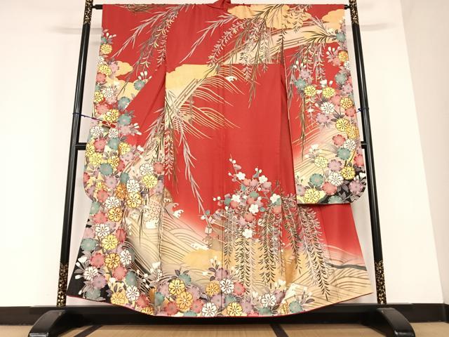 平和屋着物●豪華振袖　駒刺繍　渡り橋花文　暈し染め　金彩　銀通し地　正絹　逸品　AABC0224zg