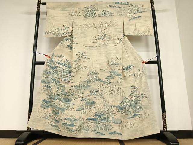 平和屋着物●染織の名門　しょうざん 生紬　訪問着　友禅　風景草花文　正絹　逸品　AABC0232zg