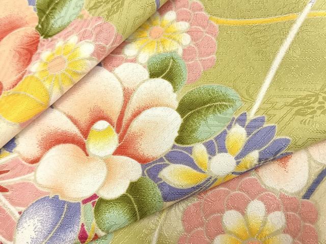 平和屋着物▽リョウコキクチ　Ryoko Kikuchi　小紋　単衣　草花文　洗える着物　AABC0276fy