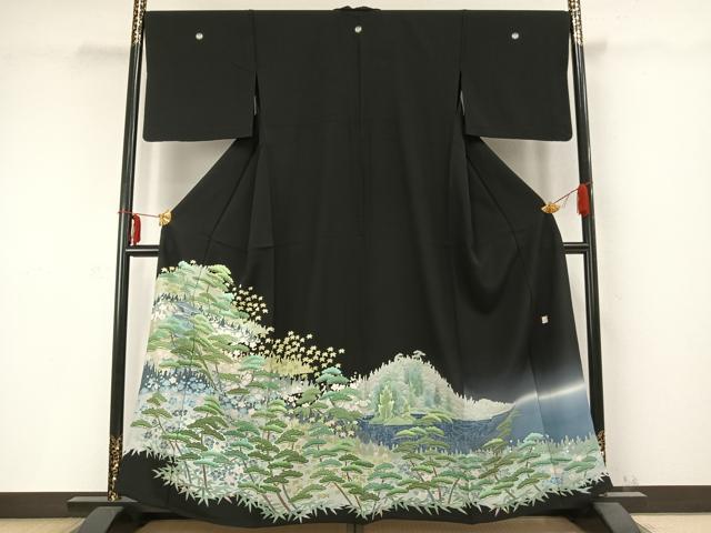 平和屋着物▽本加賀友禅作家　毎田健治　黒留袖　単衣　風景花文　暈し染め　正絹　逸品　AABC0337fy