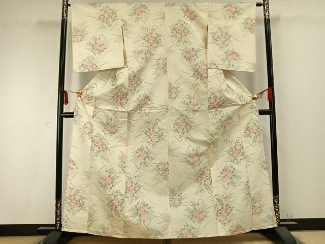 平和屋着物▽上質な紬 単衣 草花文 正絹 逸品 AABC0368fy