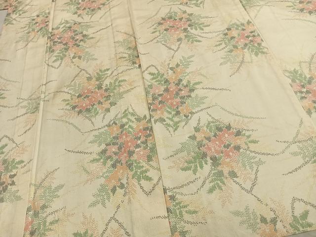 平和屋着物▽上質な紬 単衣 草花文 正絹 逸品 AABC0368fy