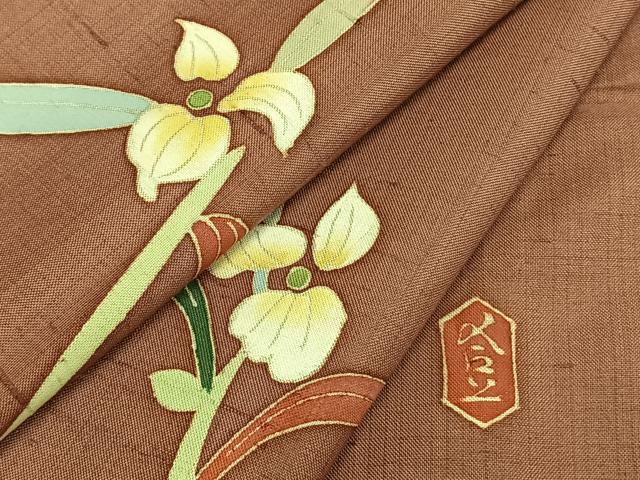 平和屋着物▽本加賀友禅作家　成竹登茂男　訪問着　単衣　紬地　草花文　三越扱い　正絹　逸品　AABC0369fy