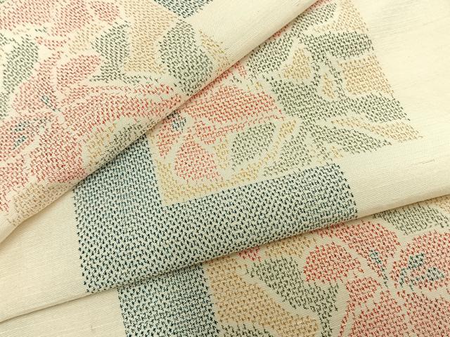 平和屋着物▽上質な紬　単衣　色紙重ね草花文　正絹　逸品　AABC0483fy