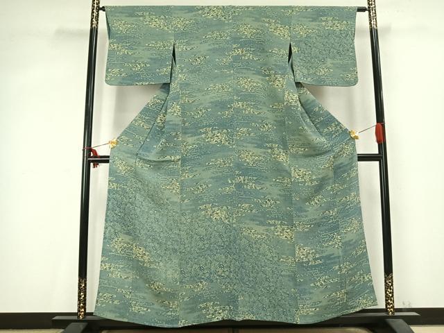 平和屋着物▽訪問着　単衣　藍　型染め　霞取り花文　鬼しぼ縮緬　正絹　逸品　AABC0542fy