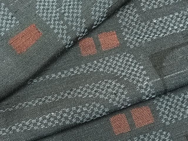 平和屋着物▽上質な紬　単衣　幾何学文様　正絹　逸品　AABC0543fy