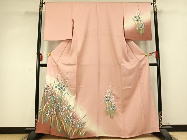 平和屋着物▽訪問着　単衣　草花文　暈し染め　金彩　正絹　逸品　AABC0567fy