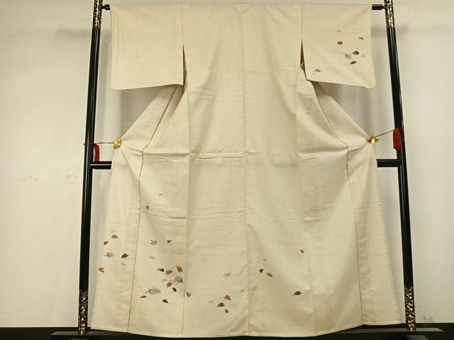 平和屋着物▽訪問着　単衣　紬地　舞葉文　銀彩　正絹　逸品　AABC0569fy