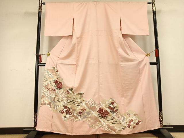 平和屋着物▽訪問着　単衣　草花文　金彩　正絹　逸品　AABC0572fy