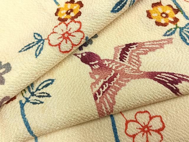 平和屋着物▽上質な小紋　単衣　型染め　花鳥文　鬼しぼ縮緬　正絹　逸品　AABC0590fy