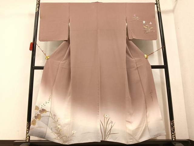 平和屋着物●二代目清次郎　手描き　訪問着　手描き　草花文　暈し染め　正絹　逸品　AABC0606ph