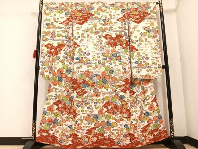 平和屋着物●豪華振袖　型染め　草花文　正絹　逸品　AABC0624ph