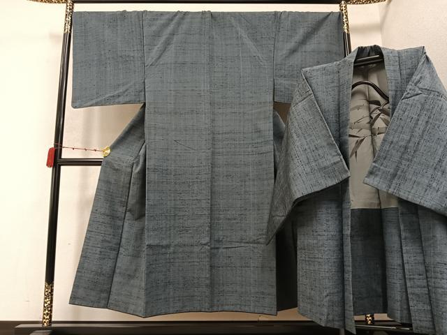 平和屋着物●男性　紬　アンサンブル　色無地　錆鉄御納戸色　正絹　逸品　AABC0640ph
