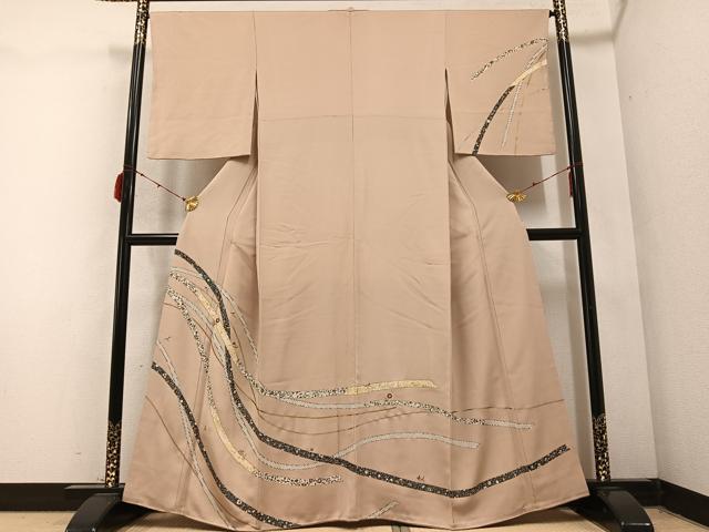 平和屋着物●訪問着　刺繍　草花文　金銀彩　正絹　逸品　AABC0652ph