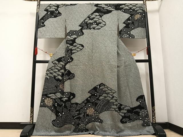 平和屋着物●訪問着　駒刺繍　絞り　風景草花文　黒地　正絹　逸品　AABC0678ph
