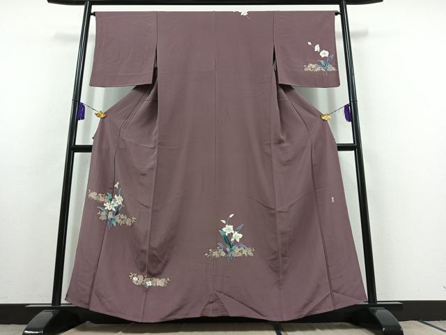 平和屋着物▽訪問着　単衣　作家物　草花文　正絹　逸品　AABC0685jh