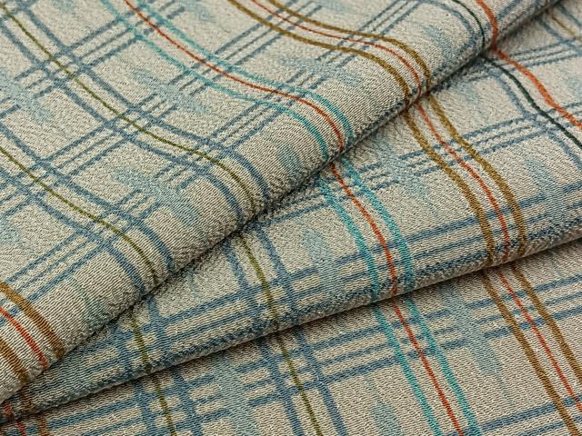 平和屋着物▽上質な小紋　単衣　格子　鬼しぼ縮緬　正絹　逸品　AABC0686jh