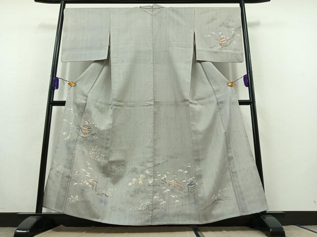 平和屋着物▽訪問着　単衣　生紬　手描き　風景文　正絹　逸品　AABC0711jh