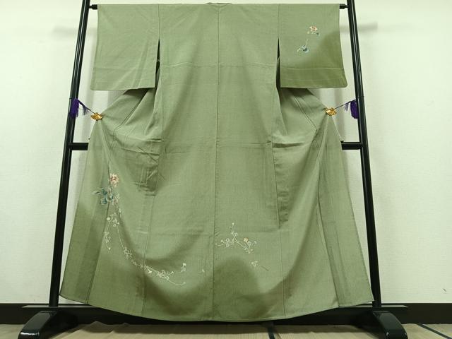 平和屋着物▽本塩沢　訪問着　単衣　枝花文　暈し染め　正絹　逸品　AABC1227jh