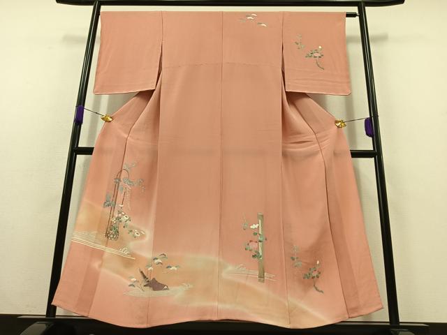 平和屋着物▽訪問着　単衣　飾花文　暈し染め　鬼しぼ縮緬　正絹　逸品　未使用　AABC1689jh