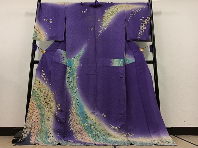 平和屋着物▽訪問着　単衣　草花文　暈し染め　金彩　金通し地　ロング丈　正絹　逸品　AABC1701jh