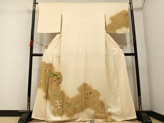 平和屋着物●訪問着　刺繍　草花文　暈し染め　金糸　正絹　逸品　AABC1787ph