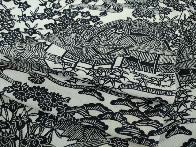 平和屋着物●上質な小紋　型染め　流水吉祥風景文　正絹　逸品　AABC1926ck