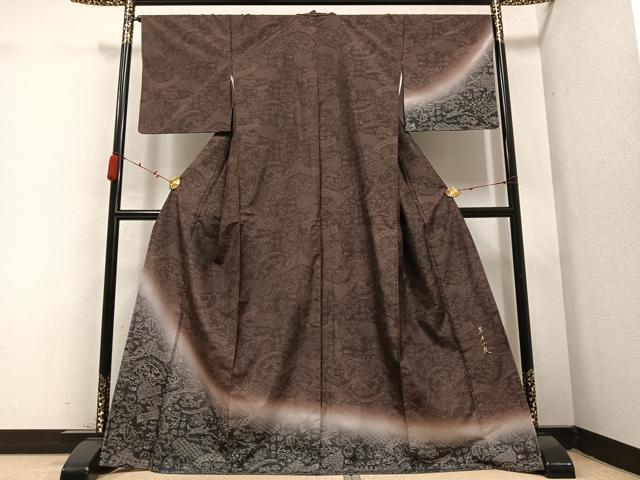 平和屋着物●本場大島紬　染大島　訪問着　草木小紋　風景草花文　暈し染め　正絹　逸品　未使用　AABC2534ph