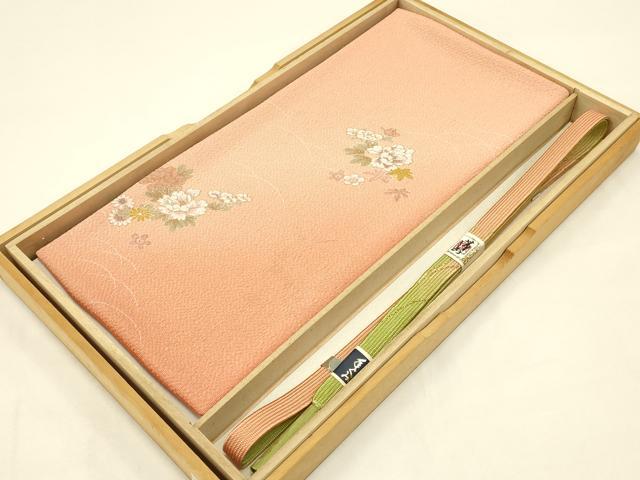 平和屋着物●和装小物　帯締め・帯揚げセット　高麗組　芝草花文　暈し染め　金糸　金彩　鬼しぼ縮緬　正絹　逸品　未使用　AABC2682ay