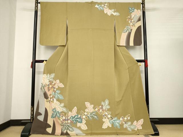 平和屋着物●訪問着　友禅　駒刺繍　葉尽くし　金彩　鬼しぼ縮緬　ロング丈　正絹　逸品　AABC3205ck