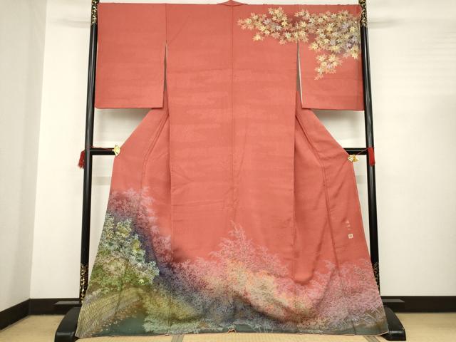 平和屋着物●訪問着　作家物　刺繍　風景文　嵯峨野　暈し染め　金彩　ロング丈　正絹　逸品　AABC3208ck