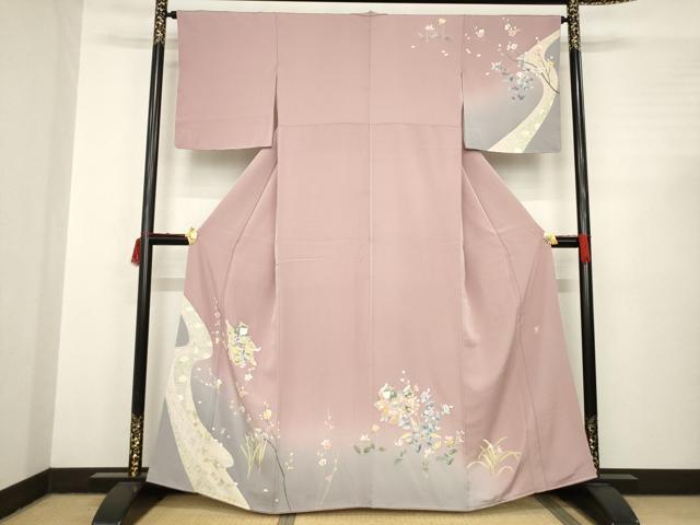 平和屋着物●友禅作家　岡部修治　訪問着　童子　流水花文　暈し染め　正絹　逸品　AABC3209ck