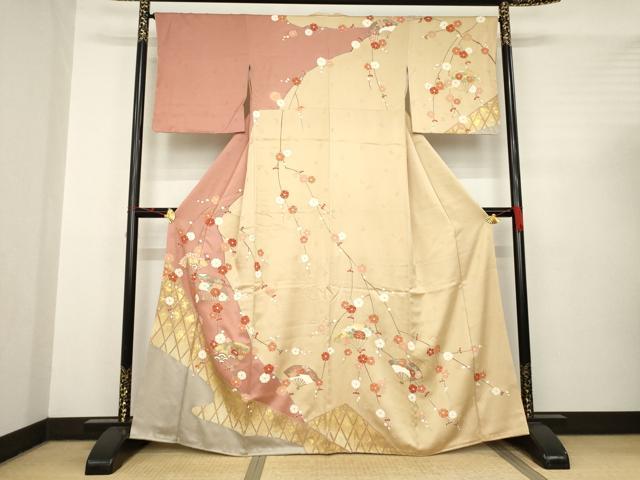 平和屋着物●訪問着　駒刺繍　扇面花文　金彩　三越扱い　正絹　逸品　AABC3267ck