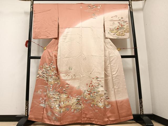 平和屋着物●訪問着　友禅　駒刺繍　松竹梅風景文　暈し染め　金彩　正絹　逸品　AABC3346ph